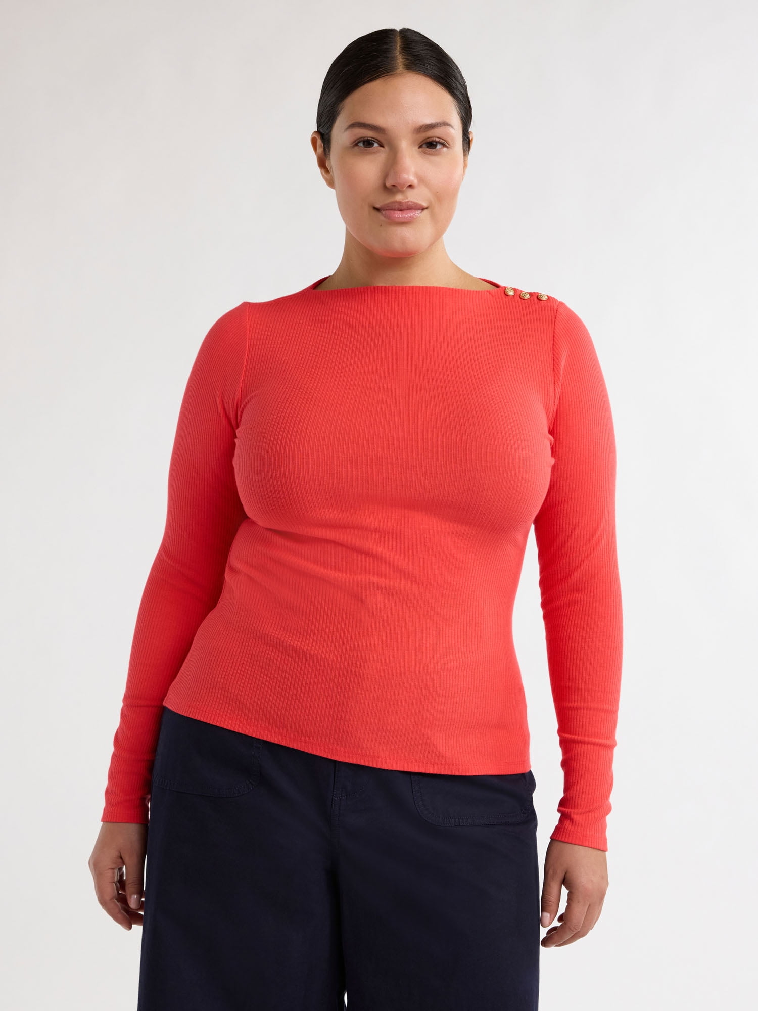 Free Assembly Women’s and Women's Plus Boatneck Top with Long Sleeves ...
