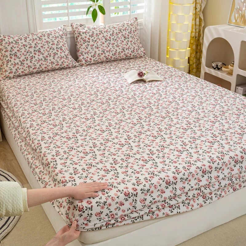 LS Bonenjoy Bed Sheet with Elastic Washed Cotton Blue Flower Printed ...
