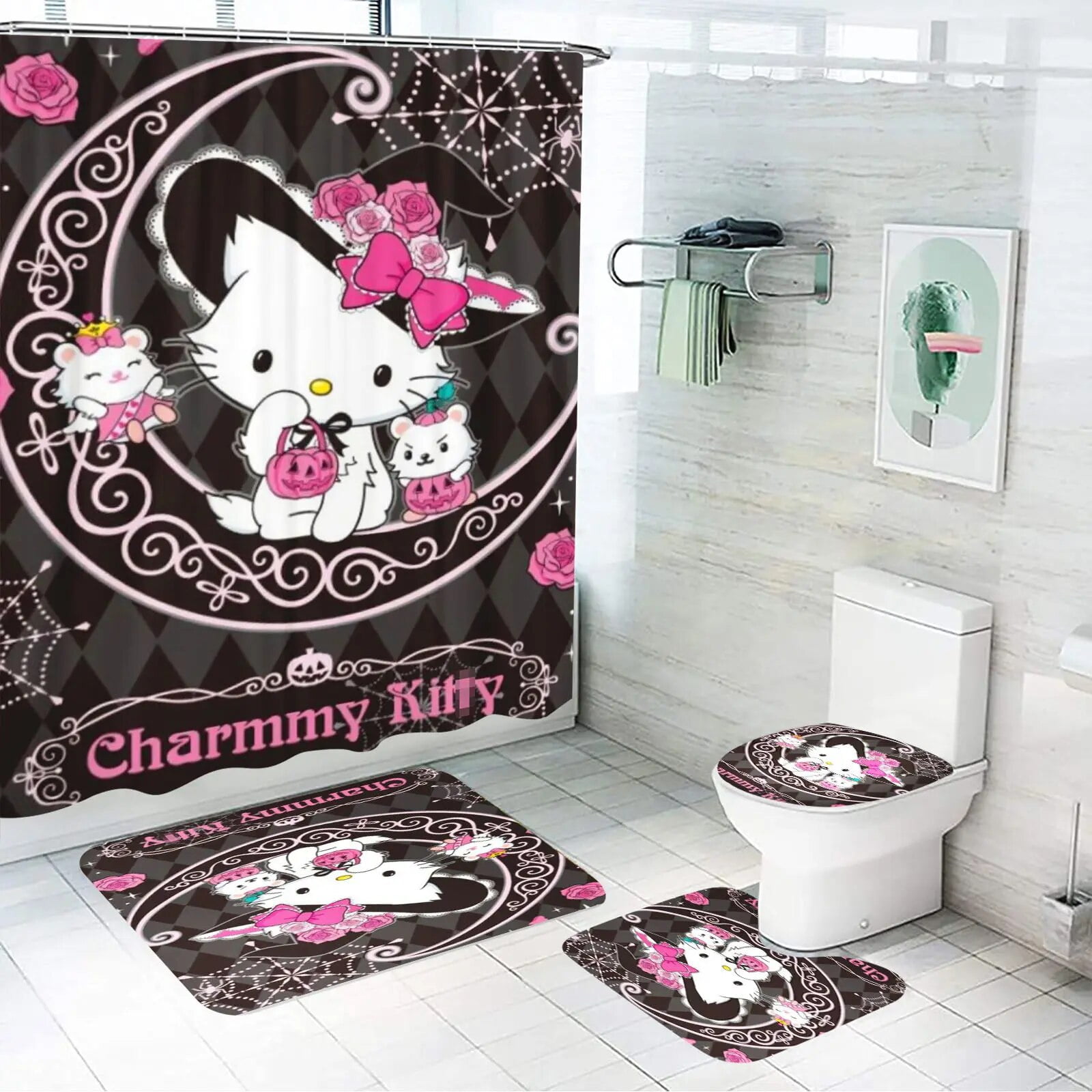 LS Hello Kitty Bathroom Shower Curtain Accessories Bathroom 4 Piece Set ...