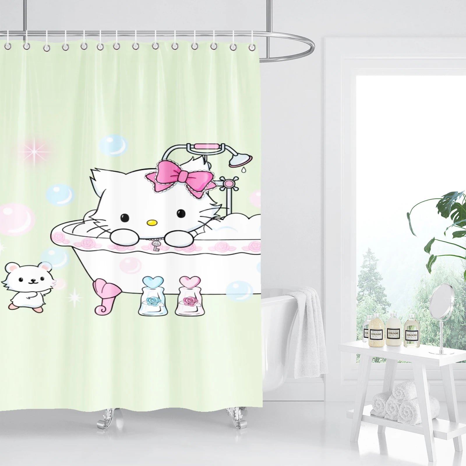 LS Hello Kitty Tuya Bathroom Bath Curtain Shower Set For Decor White Curtains Screencute ...