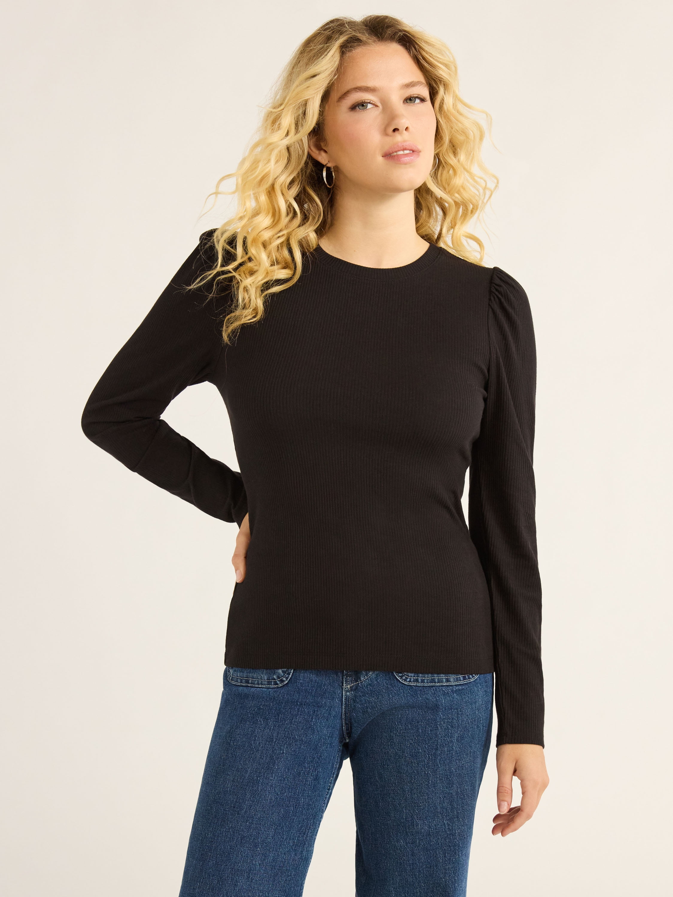 Free Assembly Women's and Women’s Plus Ribbed Top with Long Puff ...