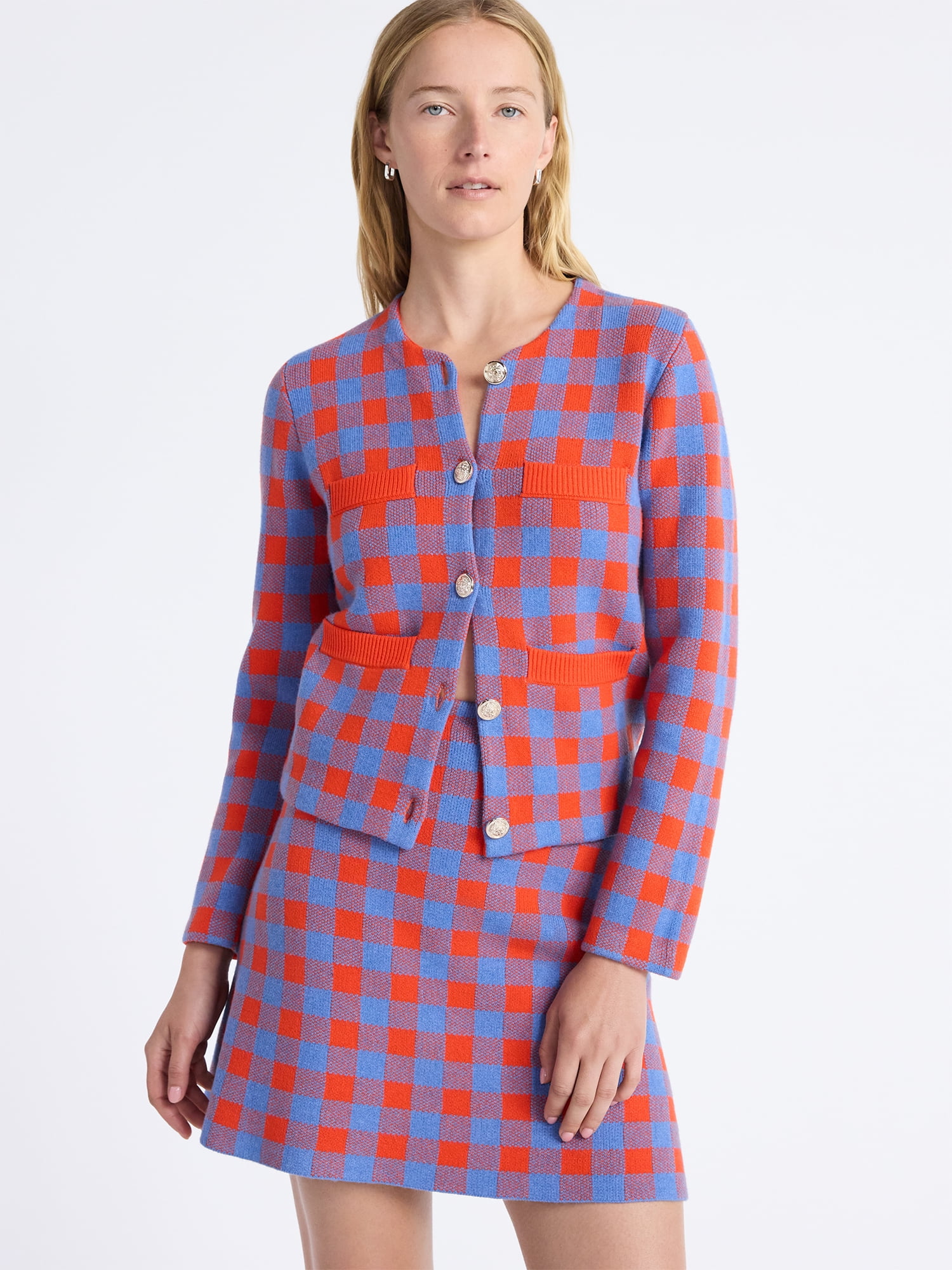 Free Assembly Women's Plaid Cardigan Sweater with Double Welt Pockets ...