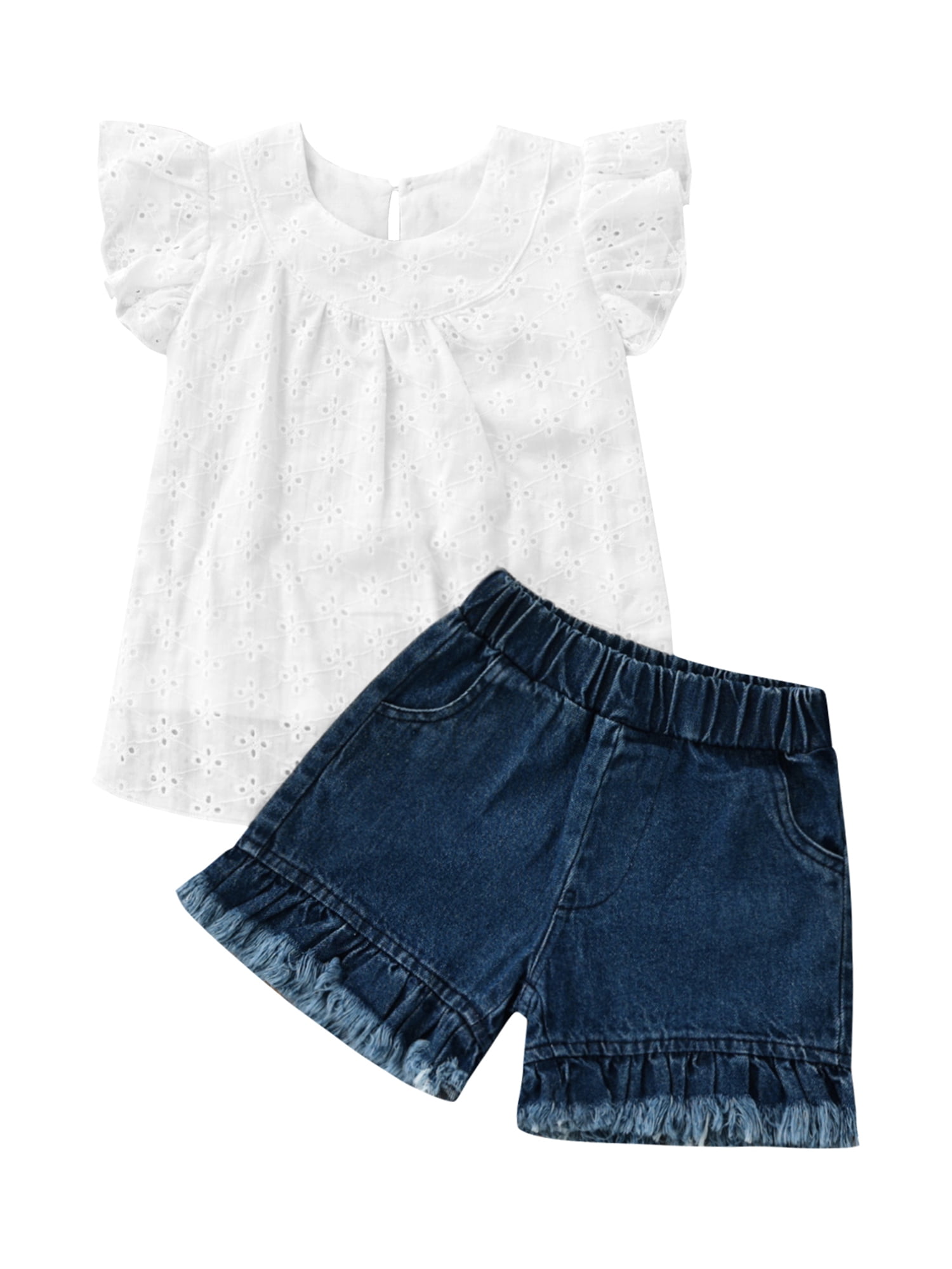 LSFYSZD Girls Casual Two-piece Clothes Suit, White Fly Sleeves Round ...