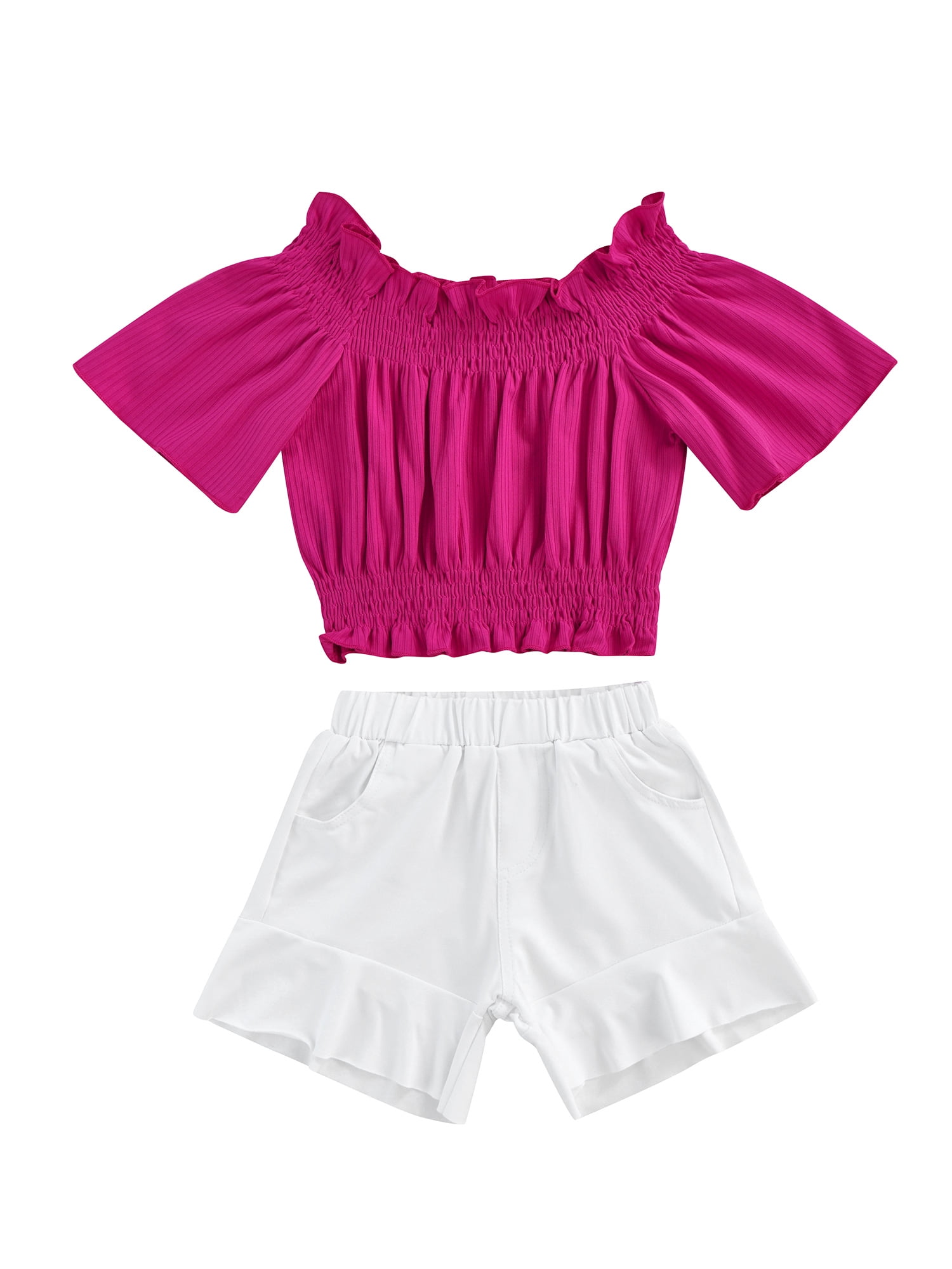 LSFYSZD Girls Summer 2Pcs Outfit Sets Rosy Red Short Sleeve Off ...