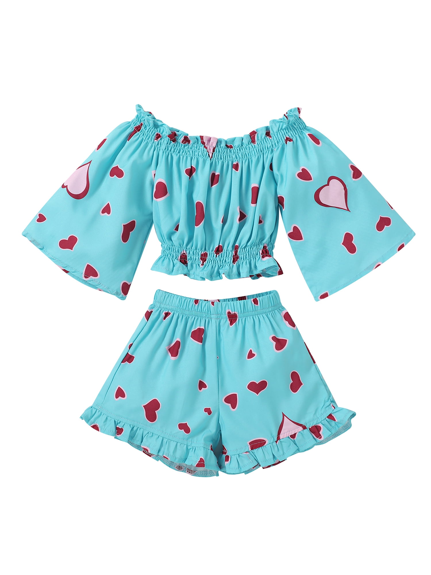 LSFYSZD Girls Two Pieces Clothes Outfit Off Shoulder Crop Tops + Shorts ...