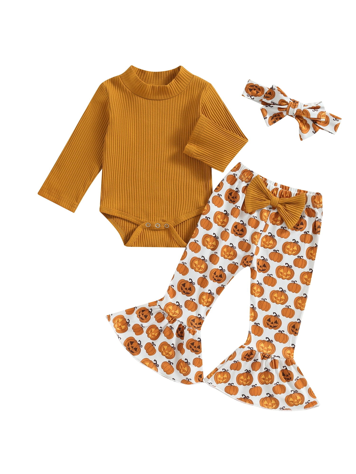 LSFYSZD Infant Girl Halloween Clothes Ribbed Long Sleeve Romper Pumpkin Print Flare Pants ...