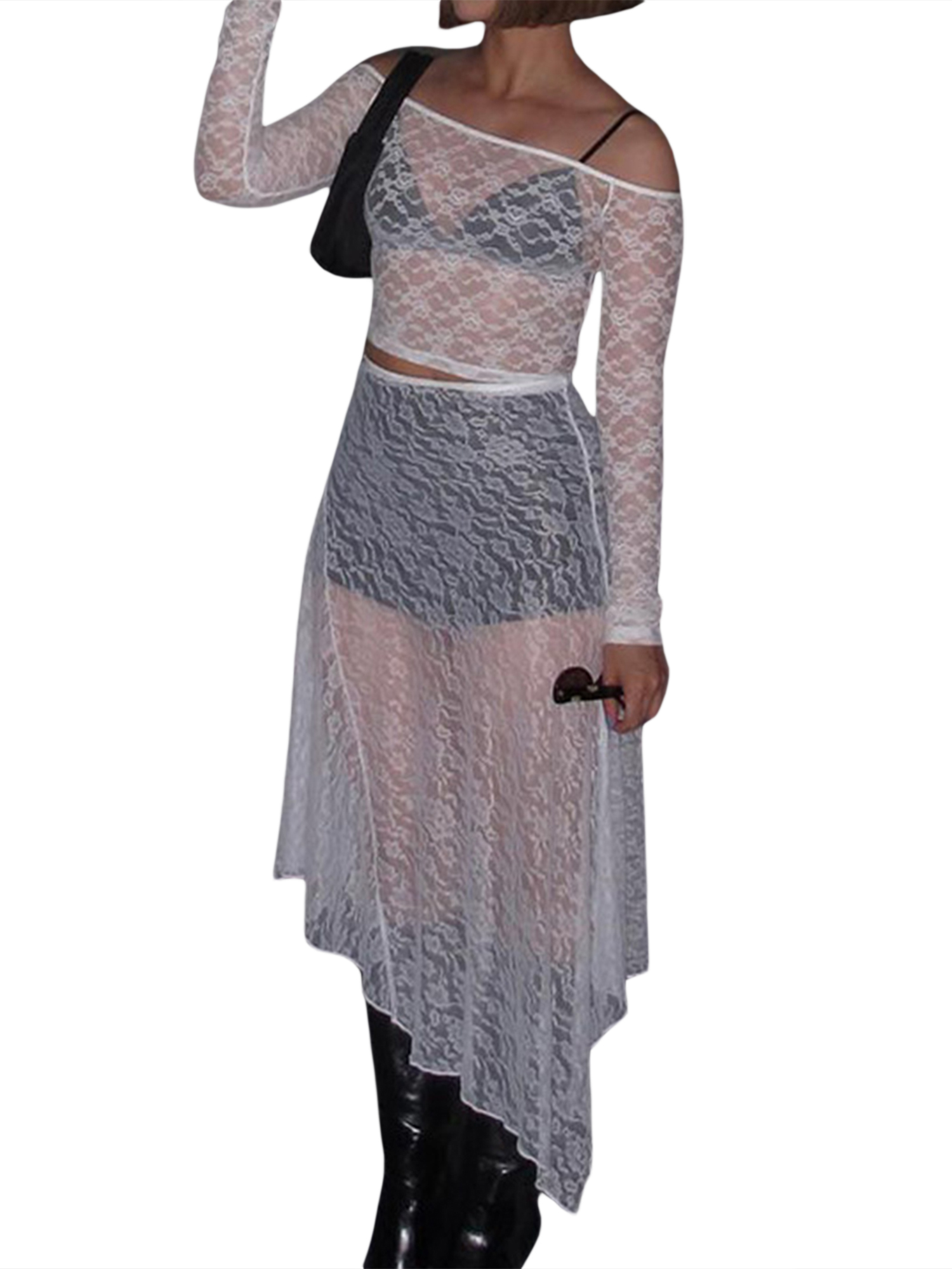 LSFYSZD Women 2 Piece Lace Outfits Sheer Off-Shoulder Long Sleeve Tops ...