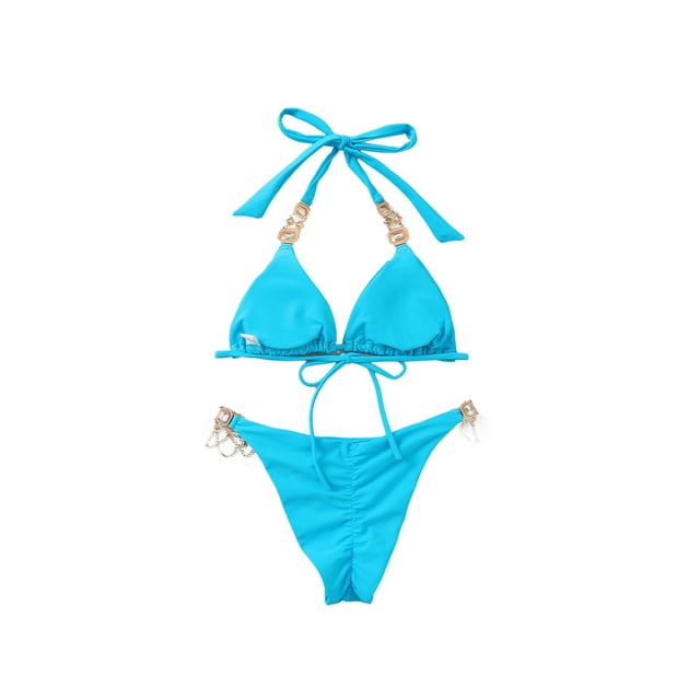 Lsfyszd Women Casual Swimsuit Bikini Set Gem Patchwork Bandage Halter