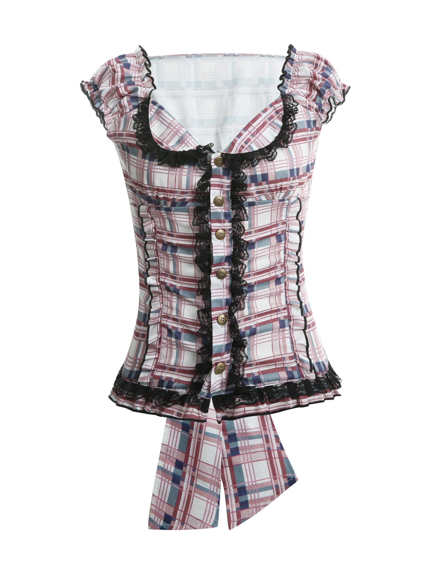 LSFYSZD Women Gothic Vintage Plaid T-Shirt Lace Ruffles Hem Short ...
