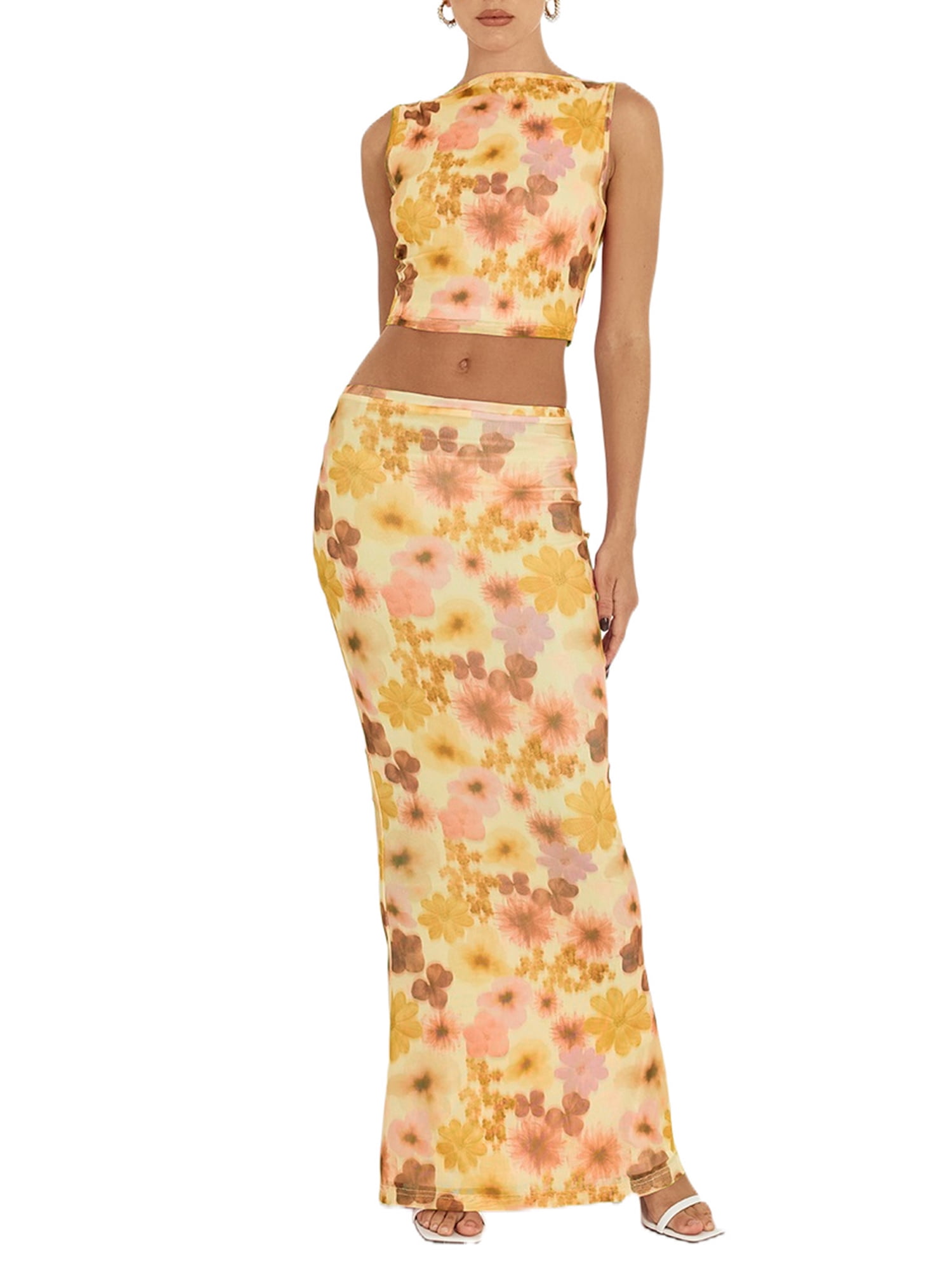 LSFYSZD Women Skirt Set, Ftoral Print Sleeveless Crew Neck Vest with ...
