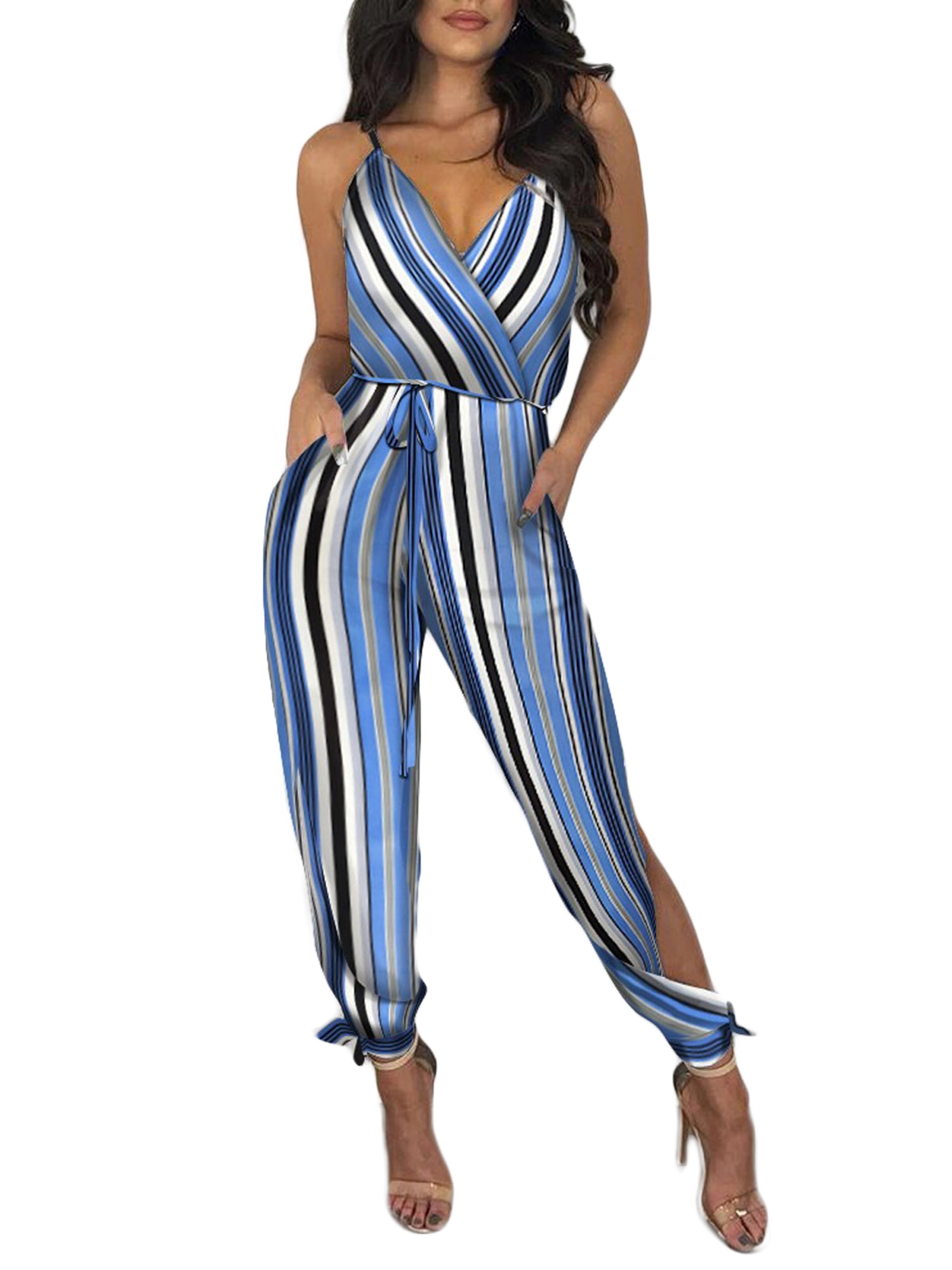 LSFYSZD Women Spaghetti Strap Mixed Print Slit Leg Jumpsuit Sexy V-Neck ...