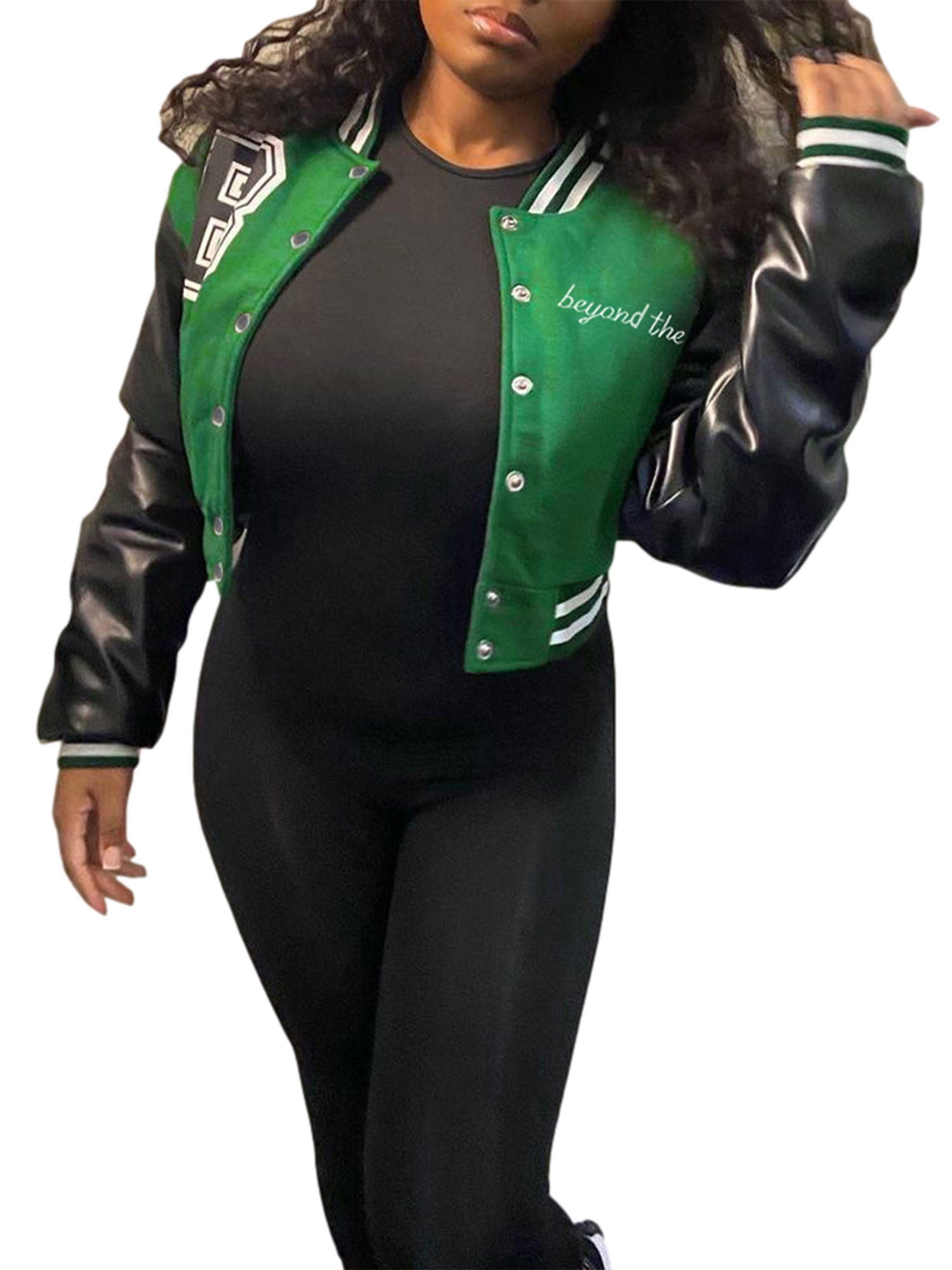 LSFYSZD Women Varsity Jackets Vintage Letter Print Cropped Baseball ...