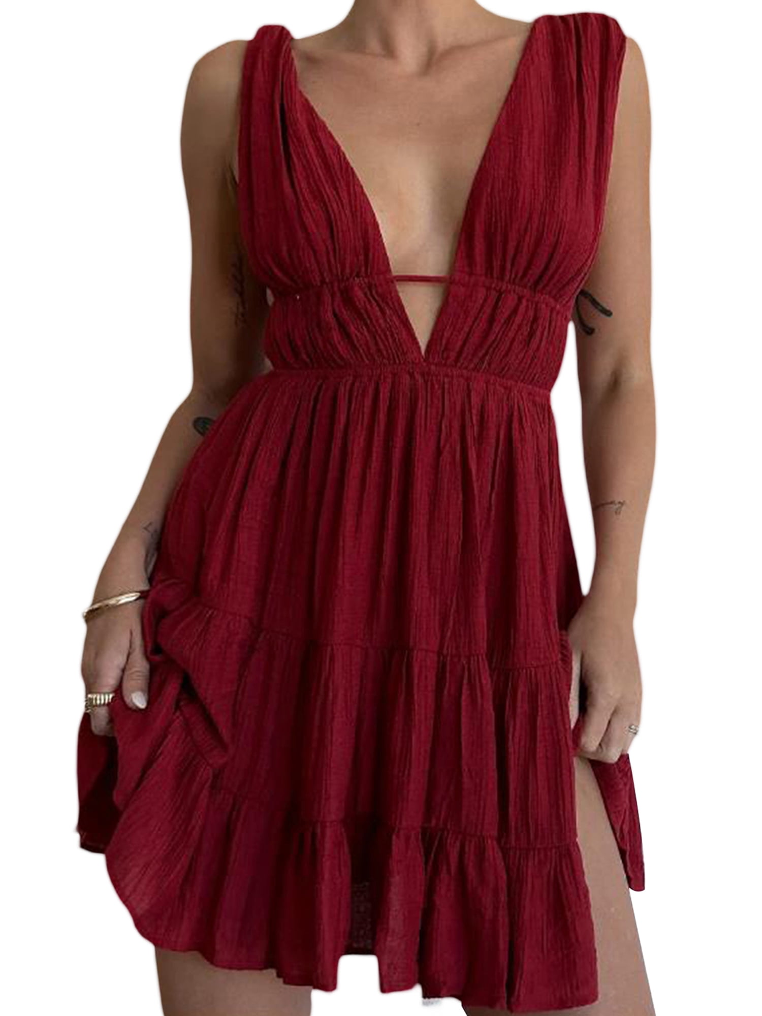 LSFYSZD Women's Evening Party Tank Dress Solid Color Sleeveless Deep V ...