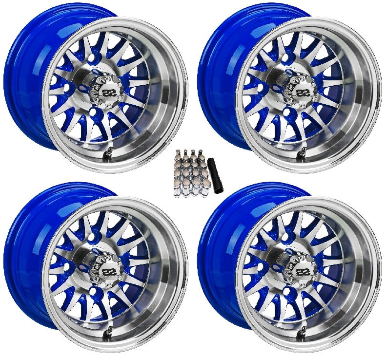 LSI 10" 14-Spoke Blue/Machined Golf Cart Wheels/Rims E-Z-GO & Club Car ...