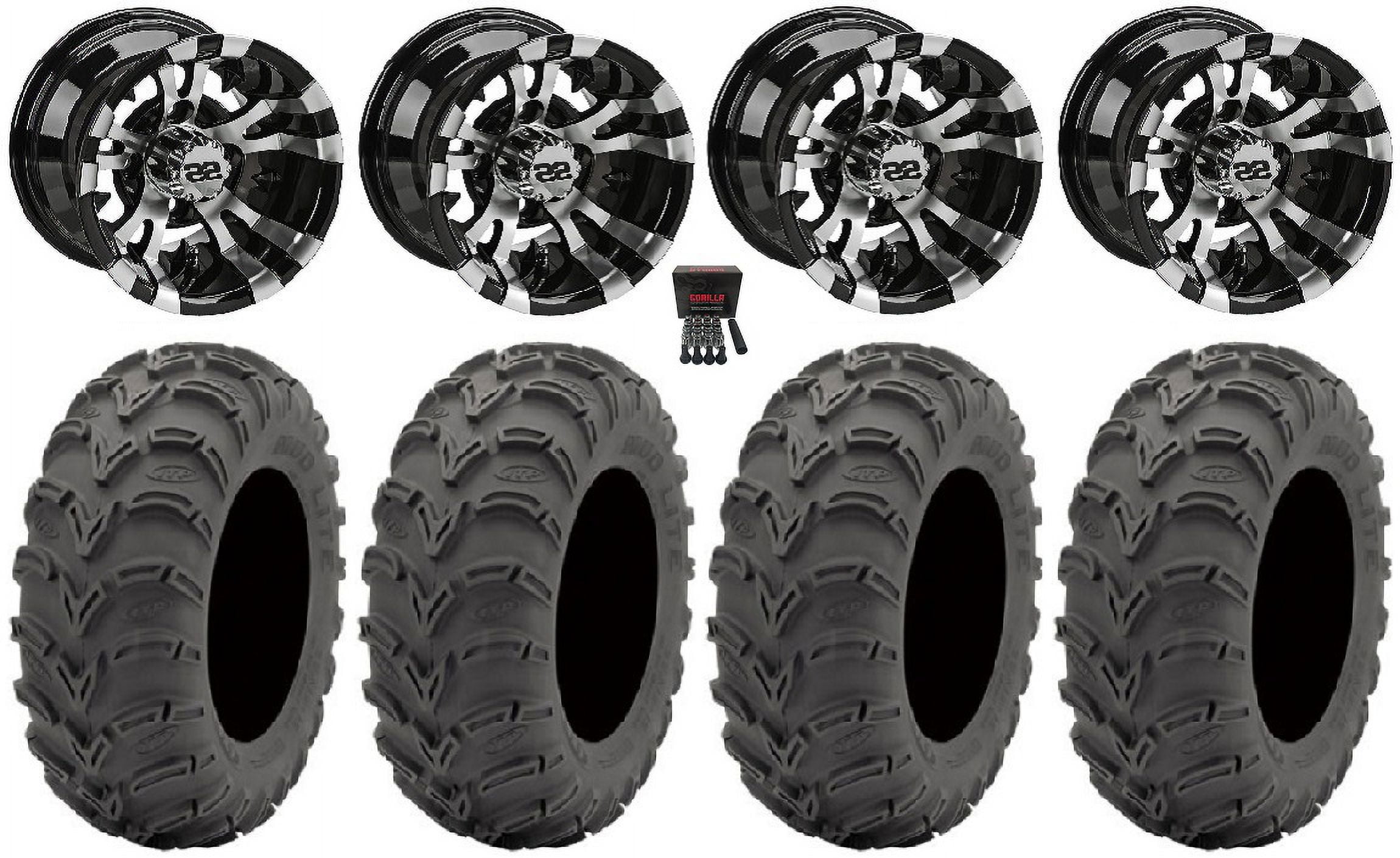 LSI Warlock 10" Golf Wheels Black 24x11-10 Mud Lite AT Tires Yamaha ...