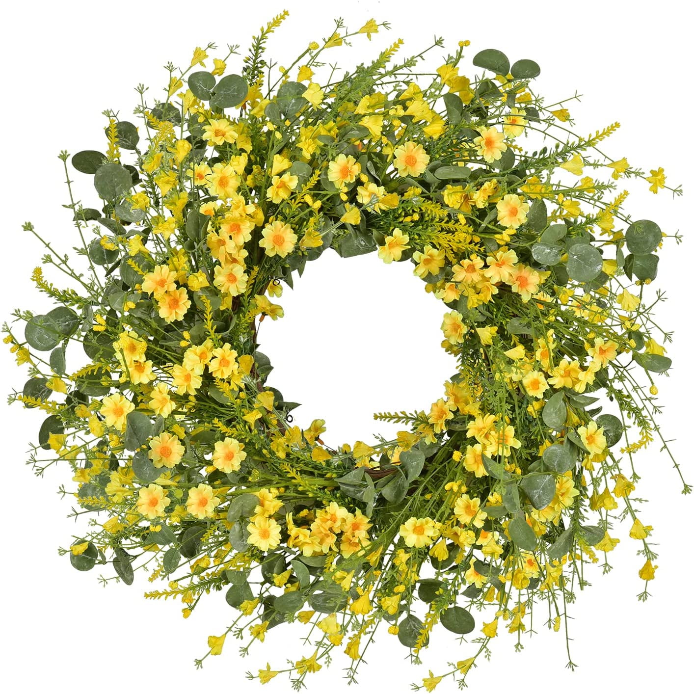 LSKYTOP 24Inches Artificial Daisy Flower Wreath with Eucalyptus Green ...