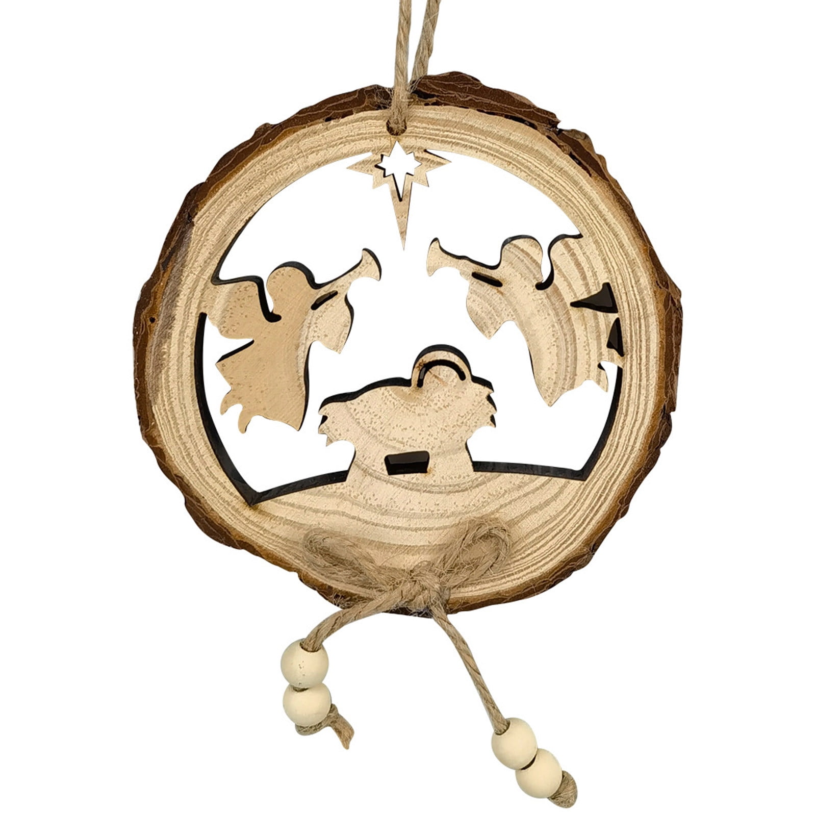 LSLJS Christmas Tree Wooden Carving Pendant, 4.5 inch Round Hollow ...