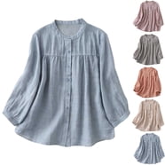 LSLJS Cotton Linen Shirts for Women Plus Size V-Neck 3/4 Sleeves T ...