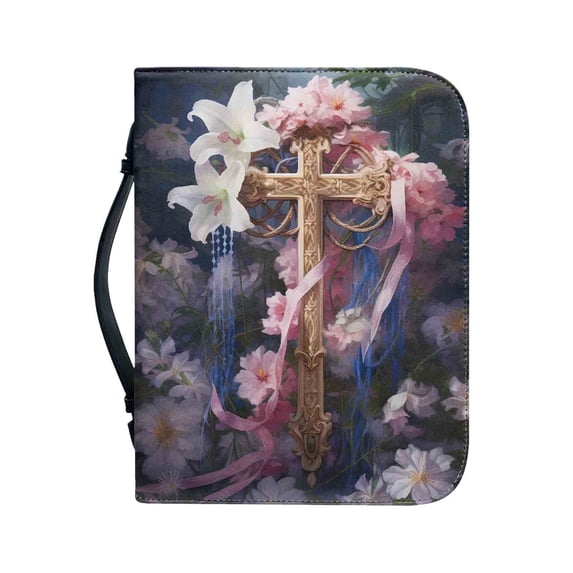 LSLJS Floral Bible Cover, Portable PU Leather Cross Flowers Bible Case ...