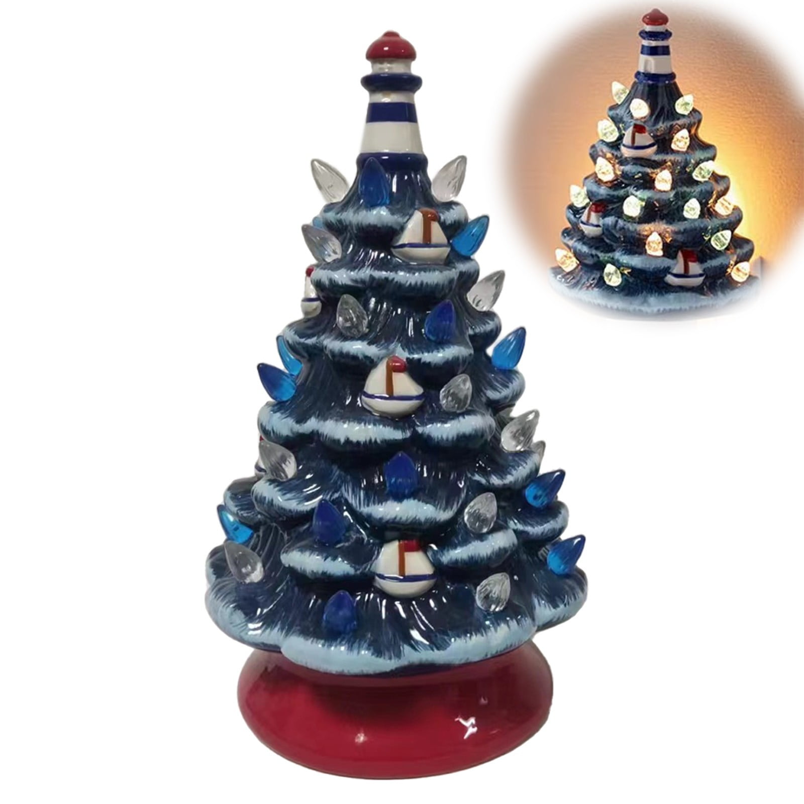 Lksixu Glowing Pine Tree Ornaments, 6.9" Ceramic Blue Tree with ...
