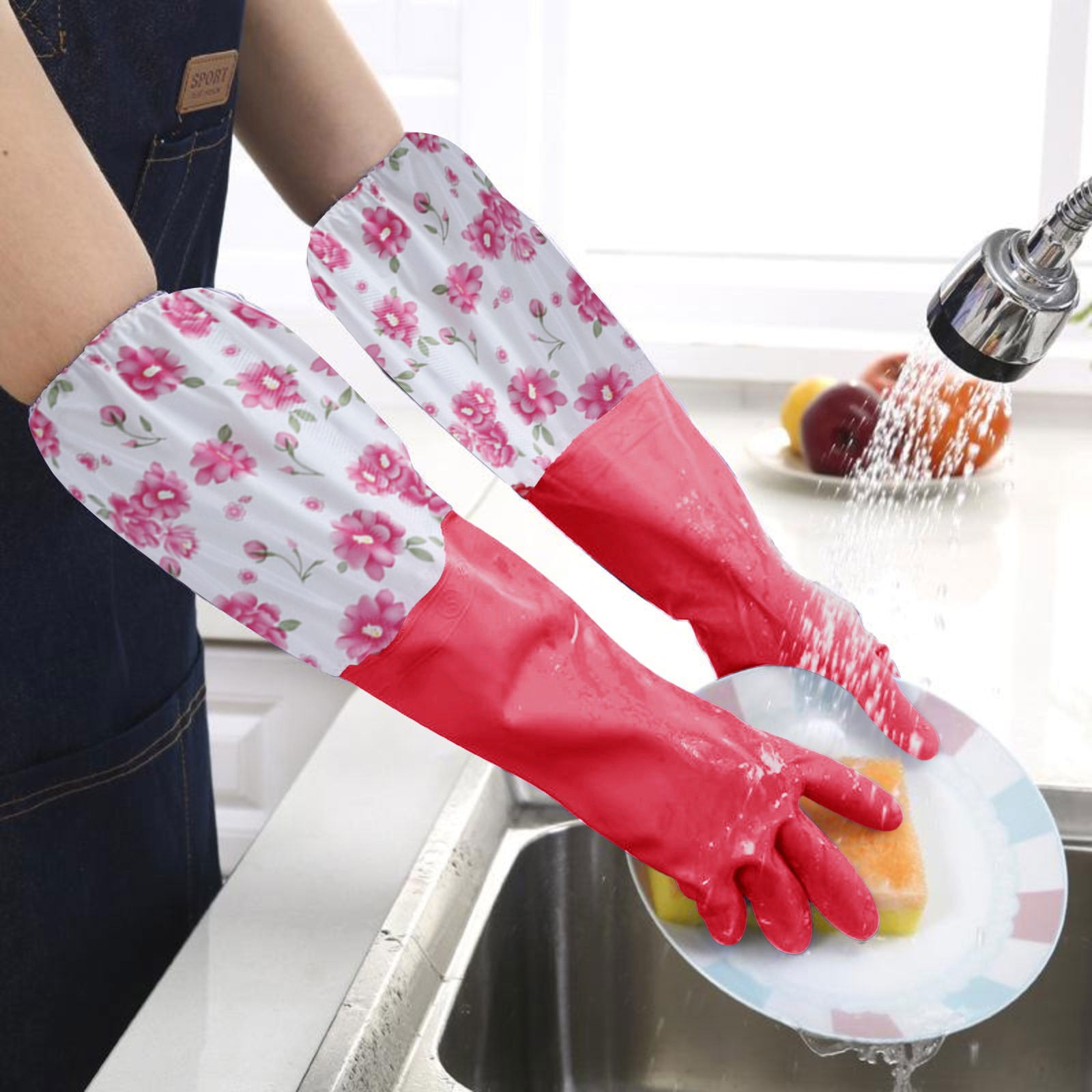 LSLJS Rubber Gloves Cleaning Dishwashing Household Reusable Pink Flower ...