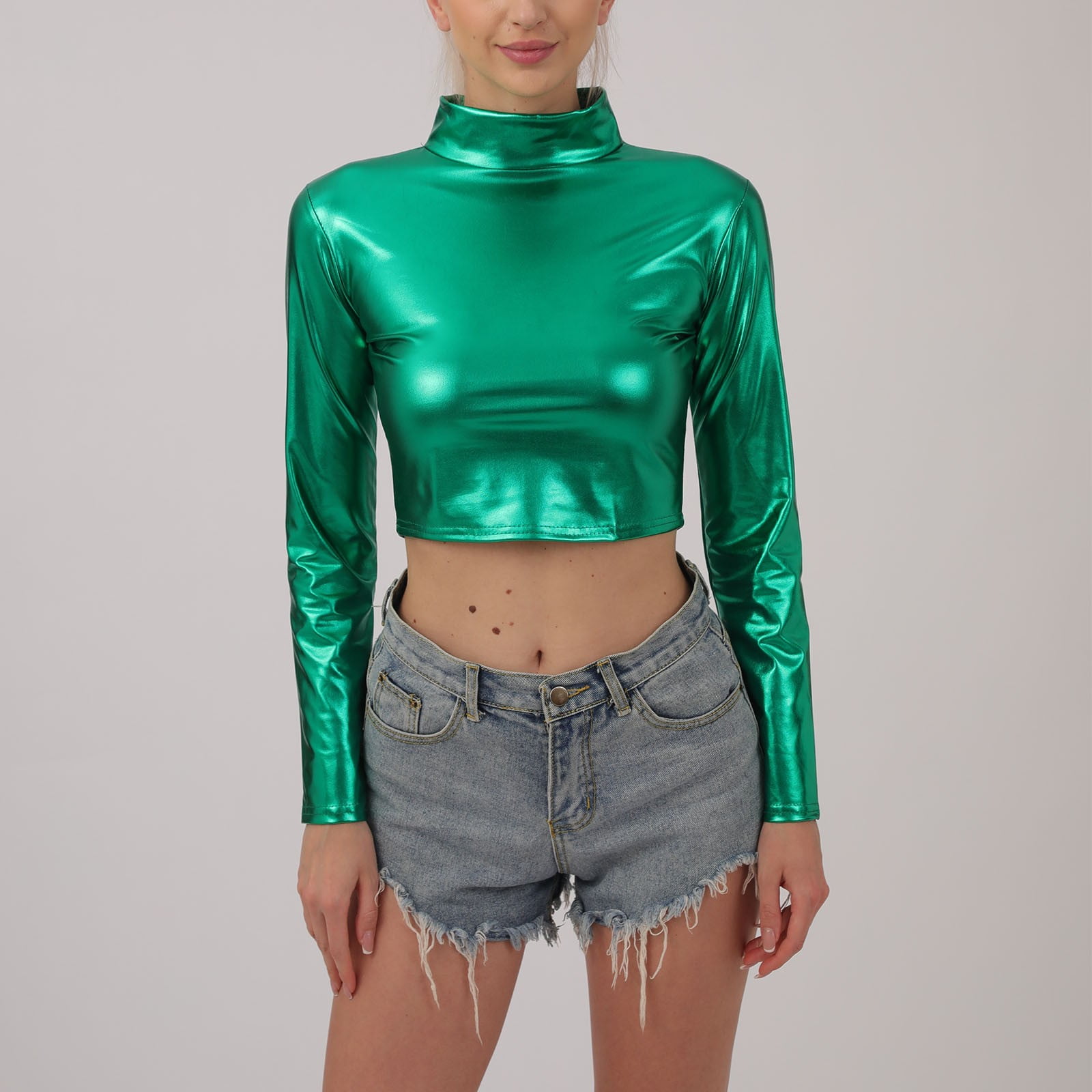 LSOLMD Metallic Liquid Mock Neck Turtleneck Long Sleeve Crop Top Shiny ...