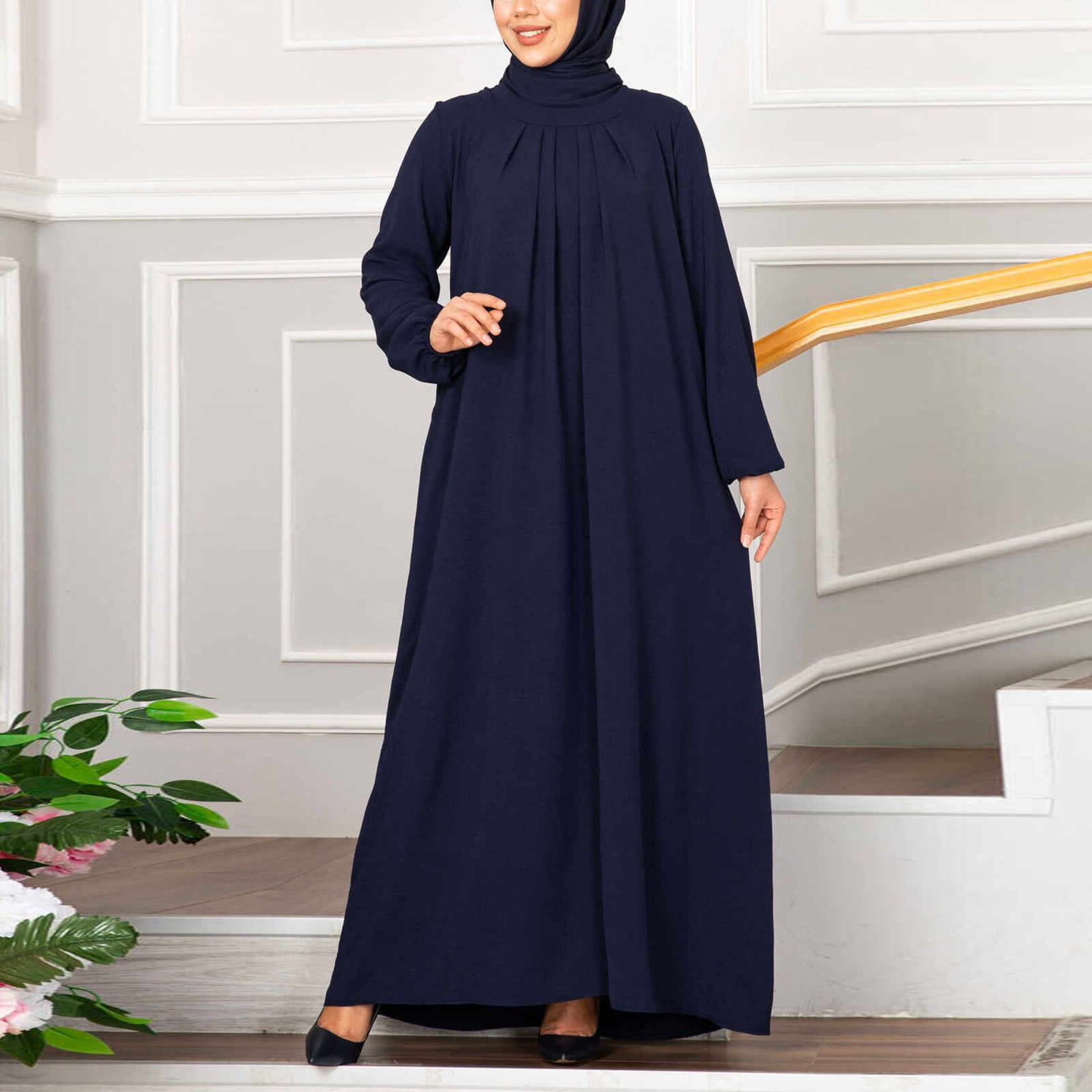 LSOLMD Muslim Plus Size Dress for Women High Neck Pleated Clothes Long ...
