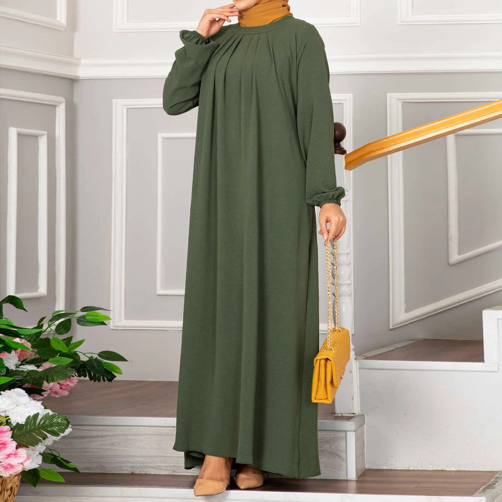 LSOLMD Muslim Plus Size Dress for Women High Neck Pleated Clothes Long ...