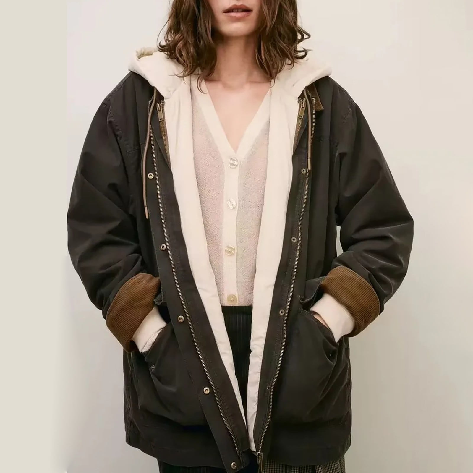 LSOLMD Portland Barn Jacket Corduroy Accents Hidden Front Zipper Snap ...