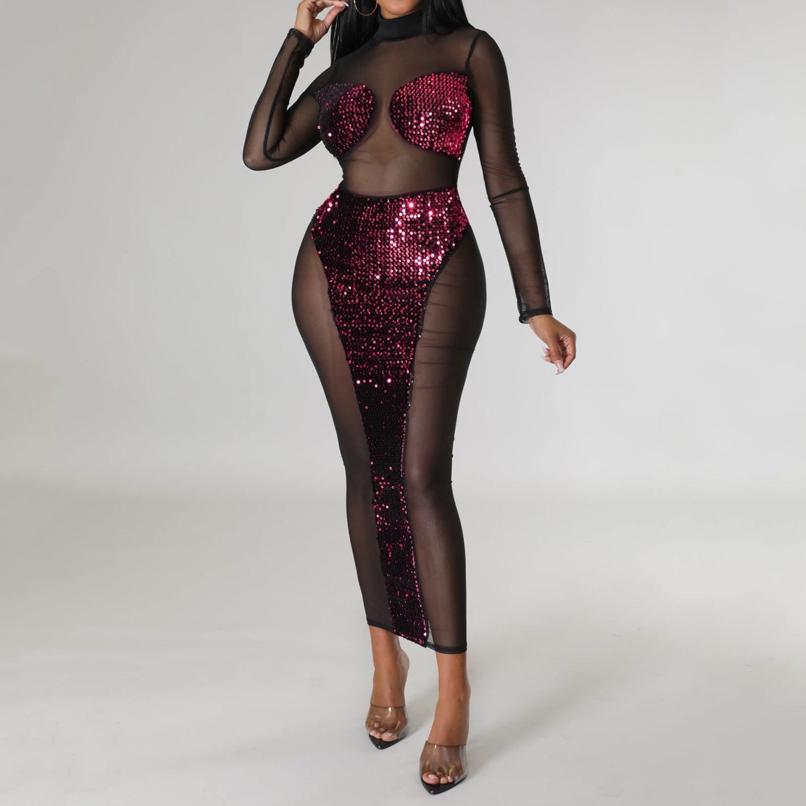 LSOLMD Sequin Dresses for Women Party Night Sexy See Through Glitter Bodycon Dresses Cocktail ...