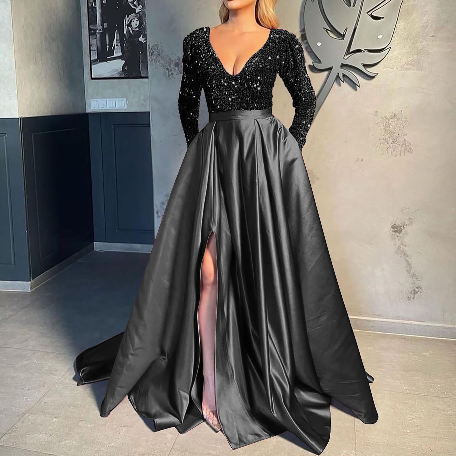 LSOLMD V Neck Long Sleeve Prom Dresses with Slit Sequin Satin Formal ...