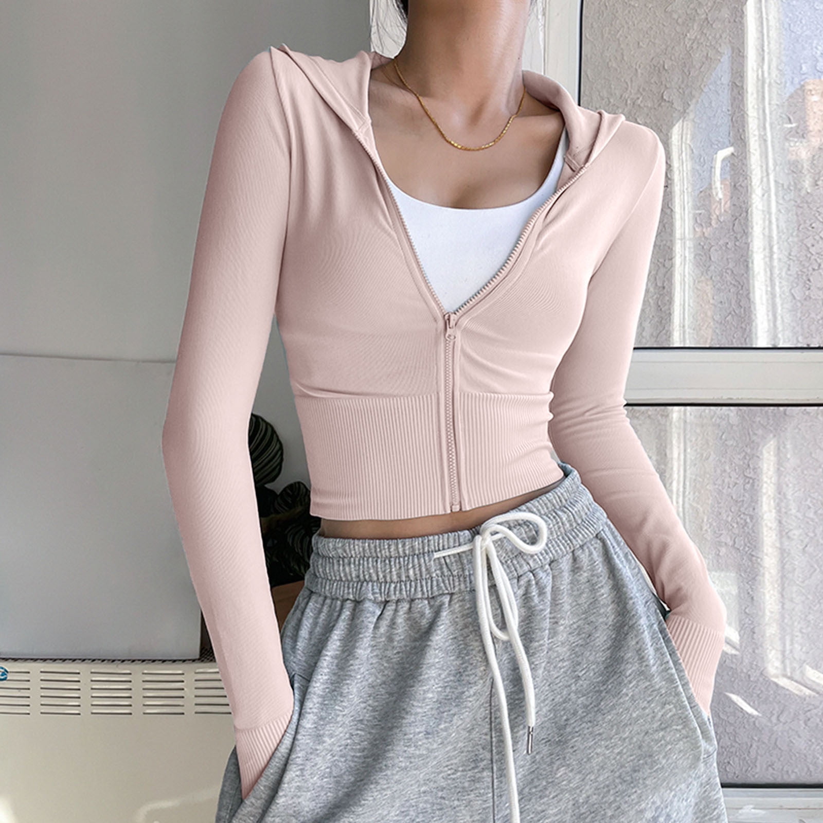 LSOLMD Women's Cropped Workout Jacket Full Zip Slim Hooded Running ...