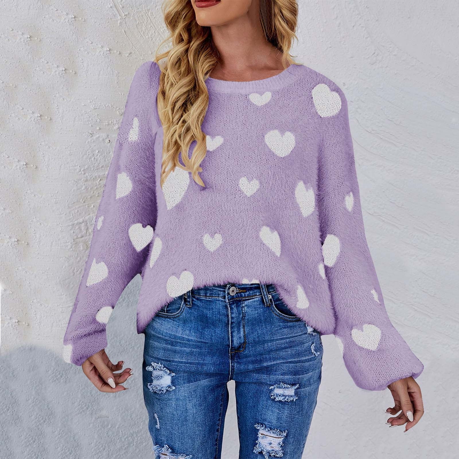 LSOLMD Women's Heart Knitted Long Sleeve Sweaters Cute Crew Neck Loose ...