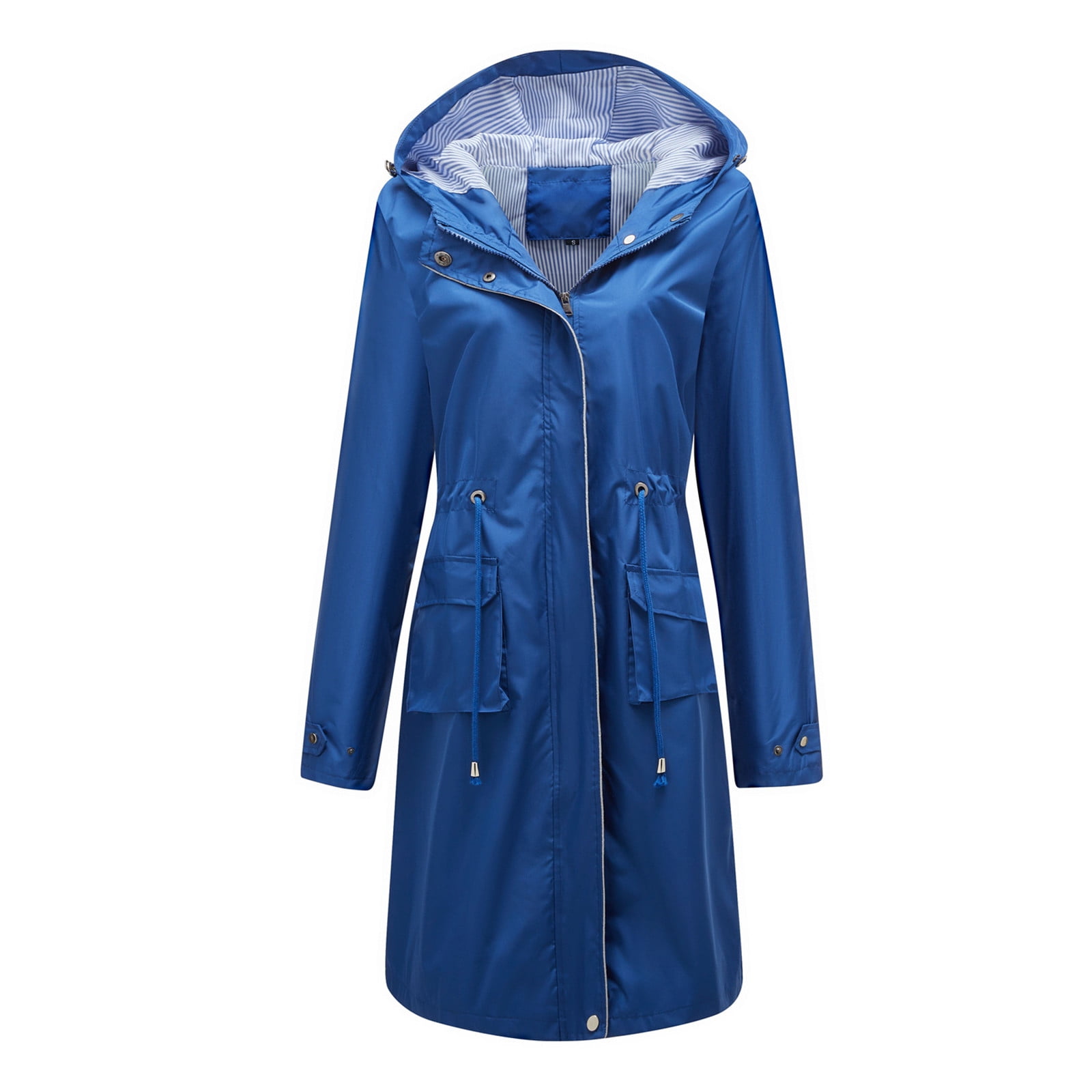 LSOLMD Women's Hooded Rain Jacket Long Waterproof Raincoat Casual Full ...