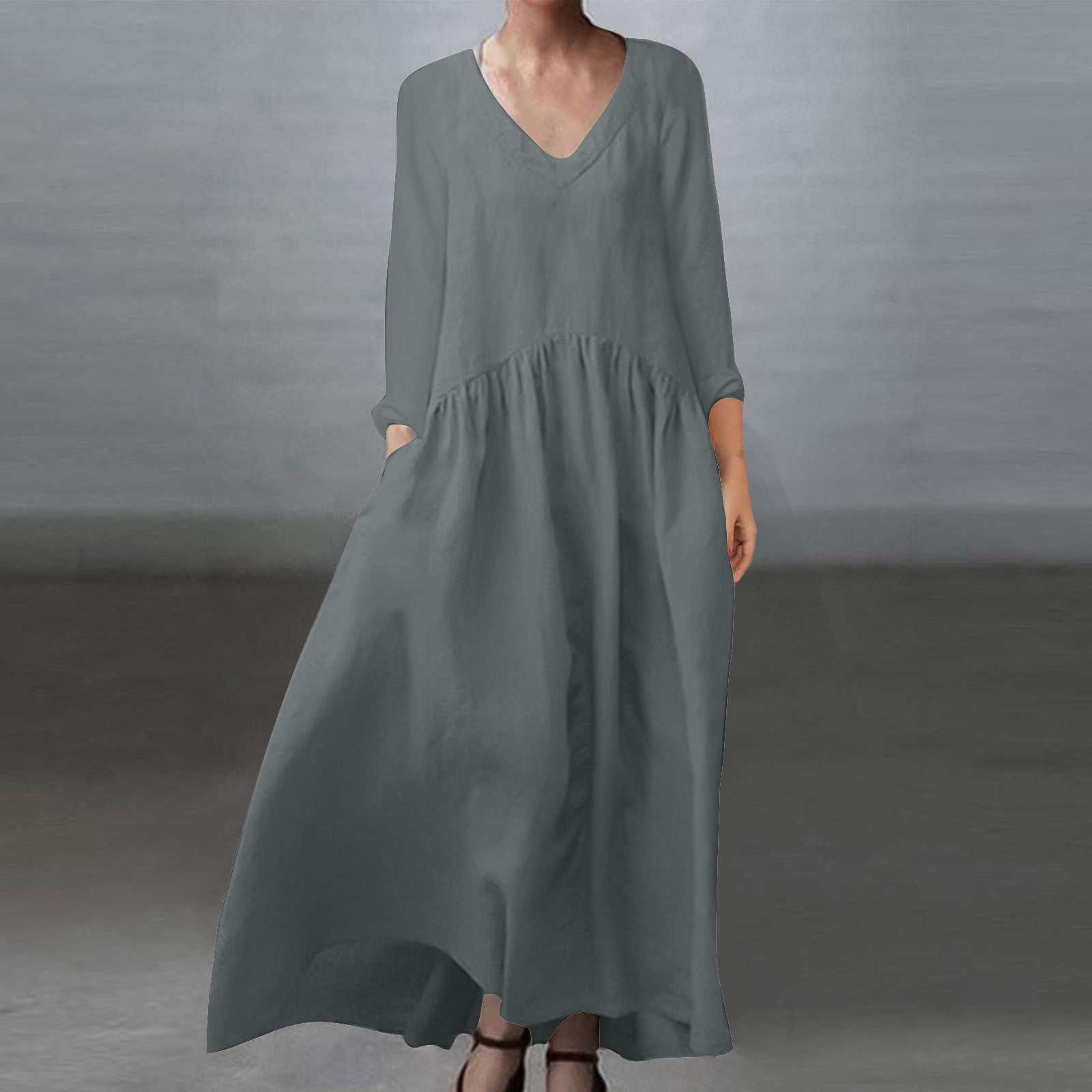 LSOLMD Womens Bohemian Cotton Linen Dresses Loose Long Sleeve Maxi Long ...