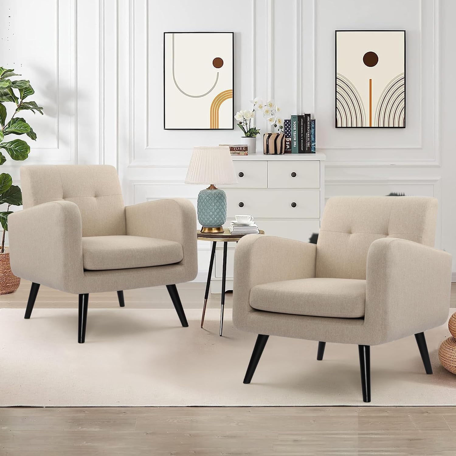 LSSPAID Accent Chairs Set of 2, Modern Beige Linen Fabric Living Room ...
