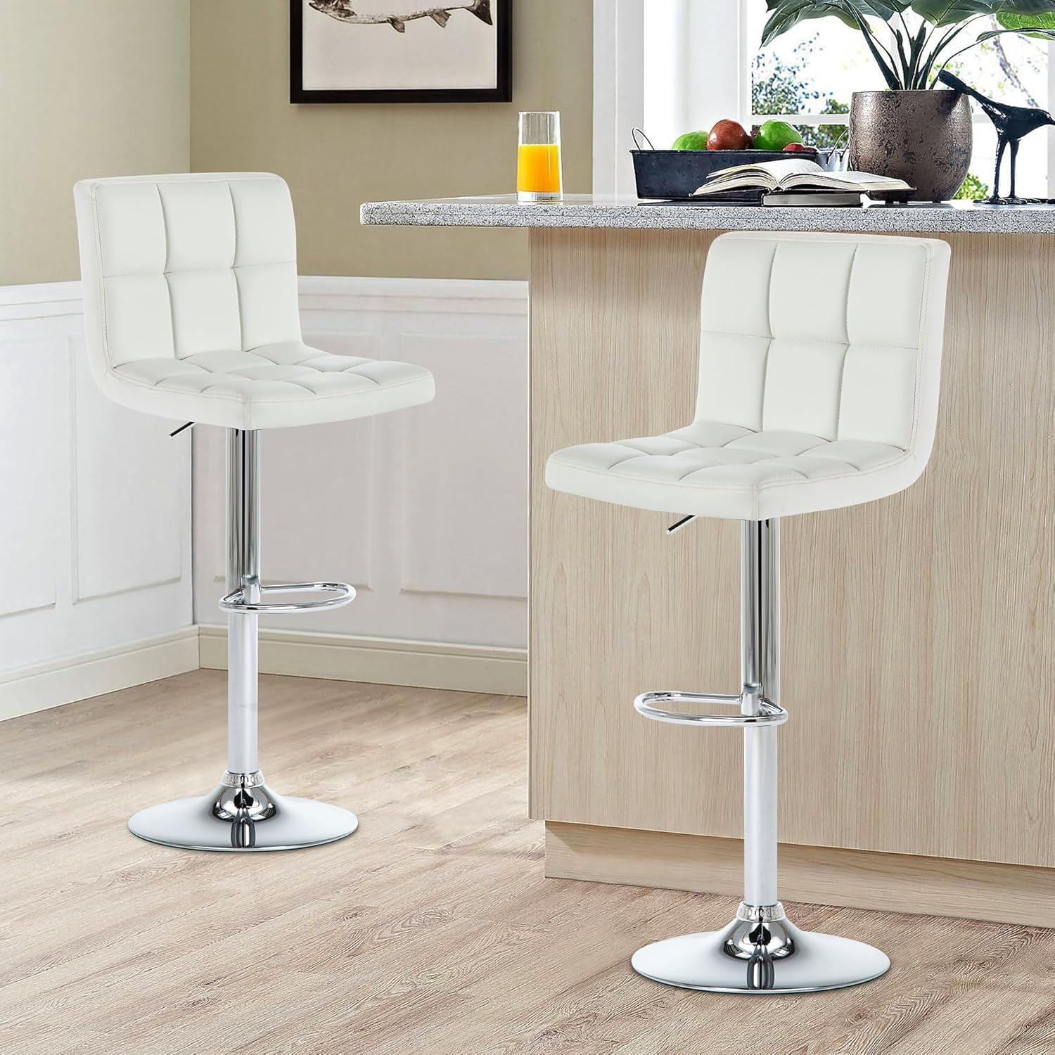 LSSPAID Bar Stools Set of 2, PU Leather Upholstered Adjustable Height ...