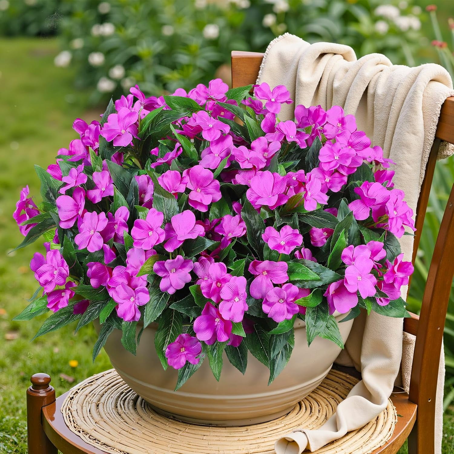 LShunze Artificial Impatiens Bouquet Flowers for Outdoors Silk Faux ...