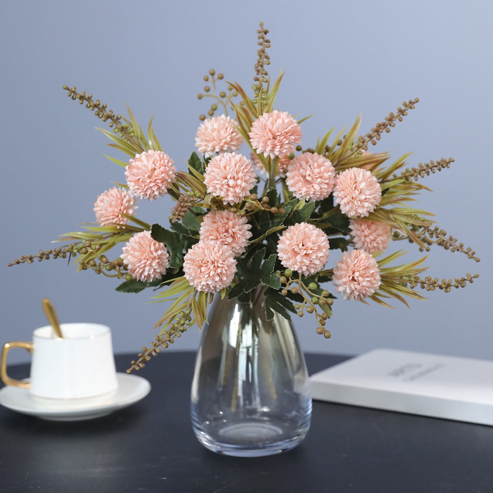 LShunze Faux Silk Pompon Mum Artificial Flowers, 5 Head Bulk Fake Mini ...