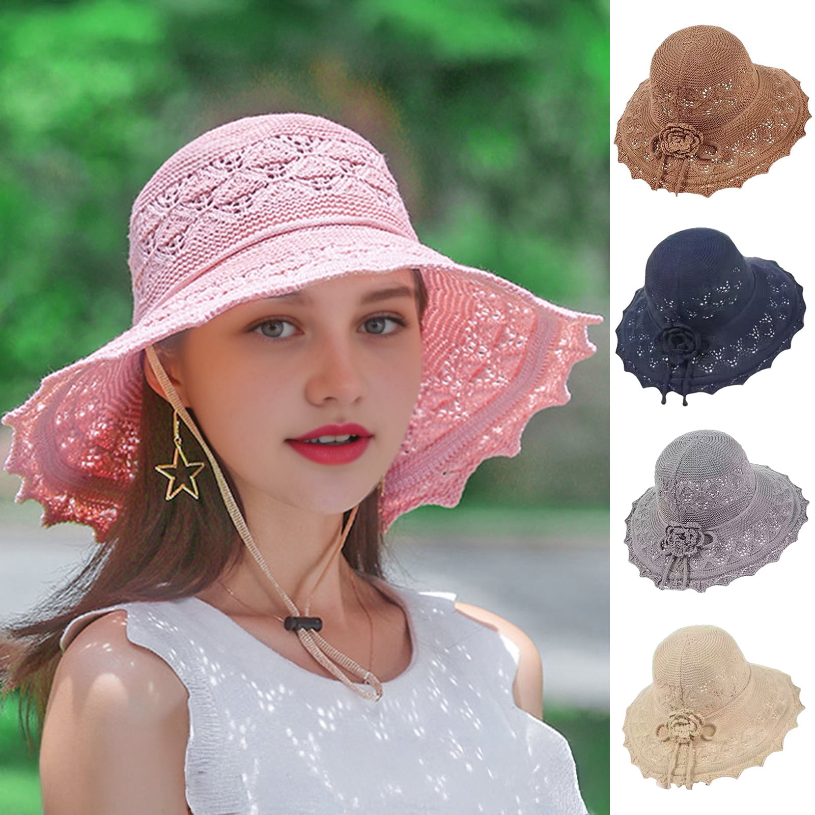 LShunze Summer Straw Beach Sun Hats for Women UPF 50 Floppy Wide Brim ...