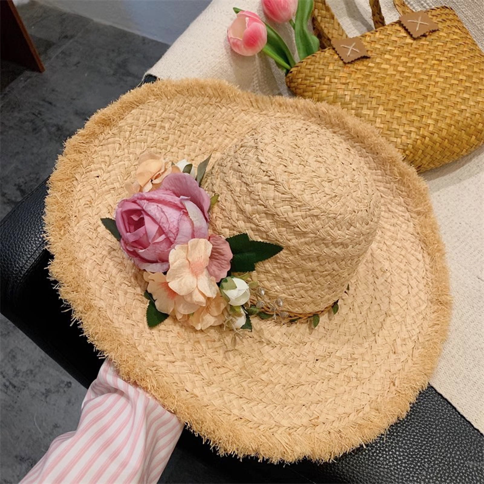 LShunze Women's Floral Handwoven Sun Hat - Wide Brim UPF50+ Straw Beach ...