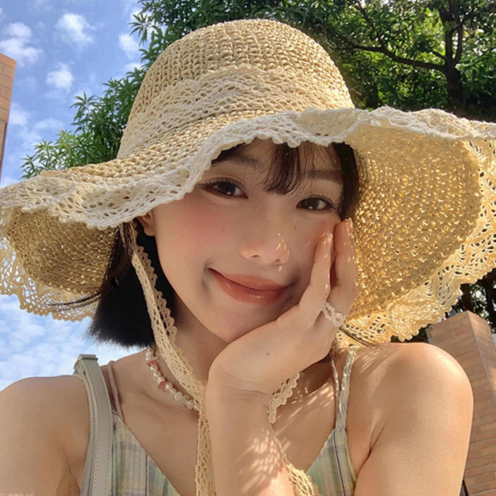 LShunze Women’s Handmade Braided Straw Beach Sun Hat with Lace Trim ...