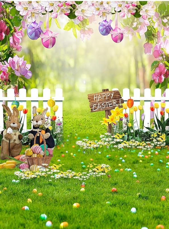 LTLYH 7x5ft Easter Backdrop Spring Flower Garden Photo Background Rabbit Colorful Eggs Fence ...