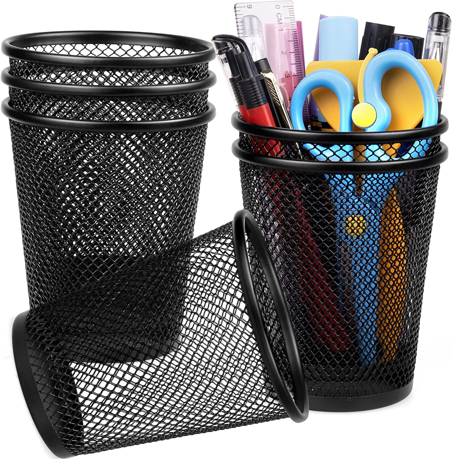 6-Pack Black Mesh Pen Holder Set - Metal Desk Accessories for Office ...