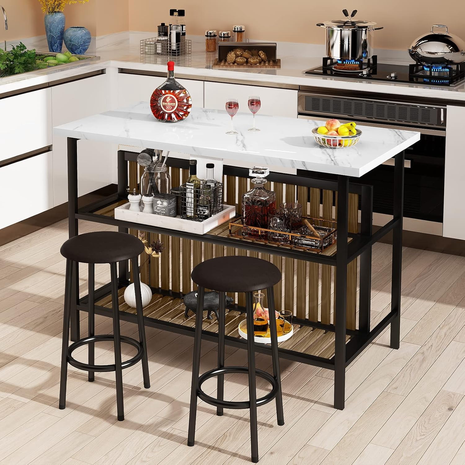 LTTROMAT 3-Piece Bar Table Set, Faux Marble Top Kitchen Island with ...