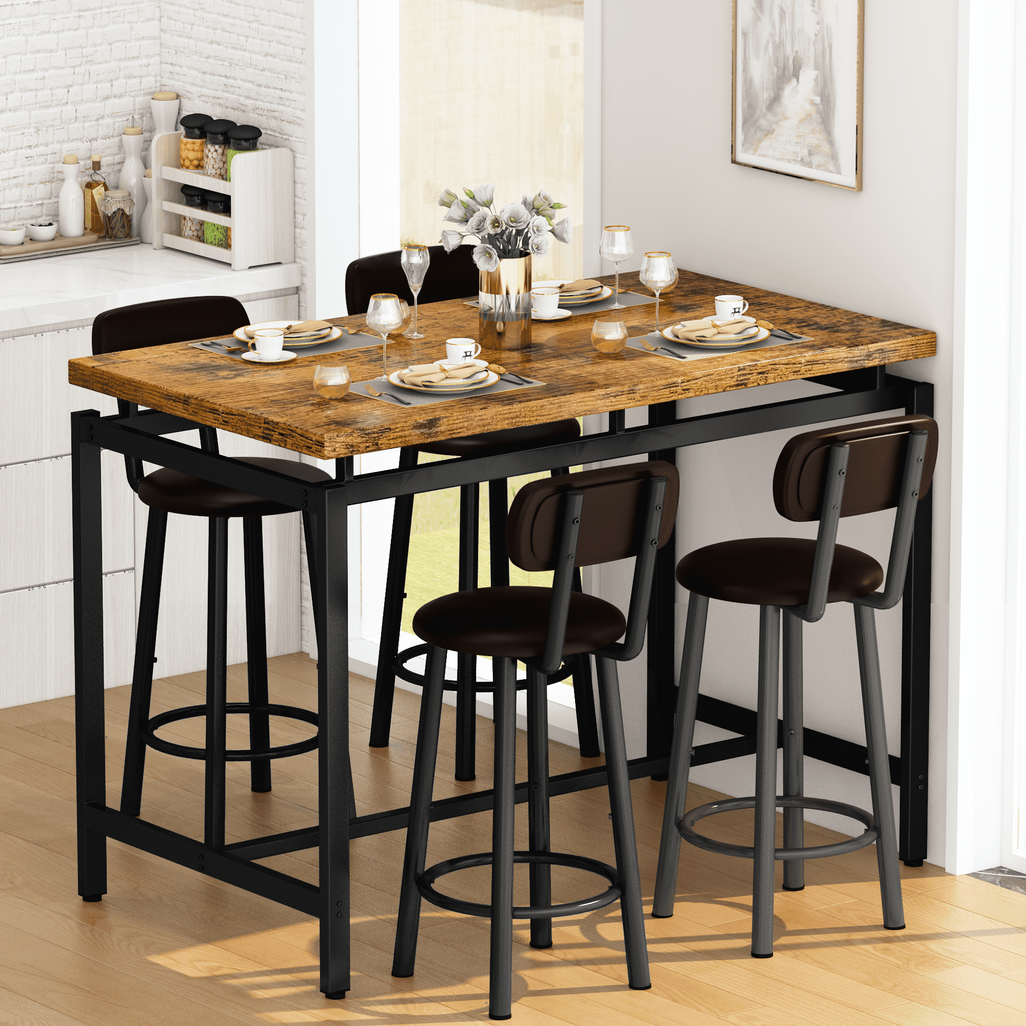 LTTROMAT Dining Table Set for 4, Bar Table and Chairs Set with 4 Upholstered Bar Stools, High ...
