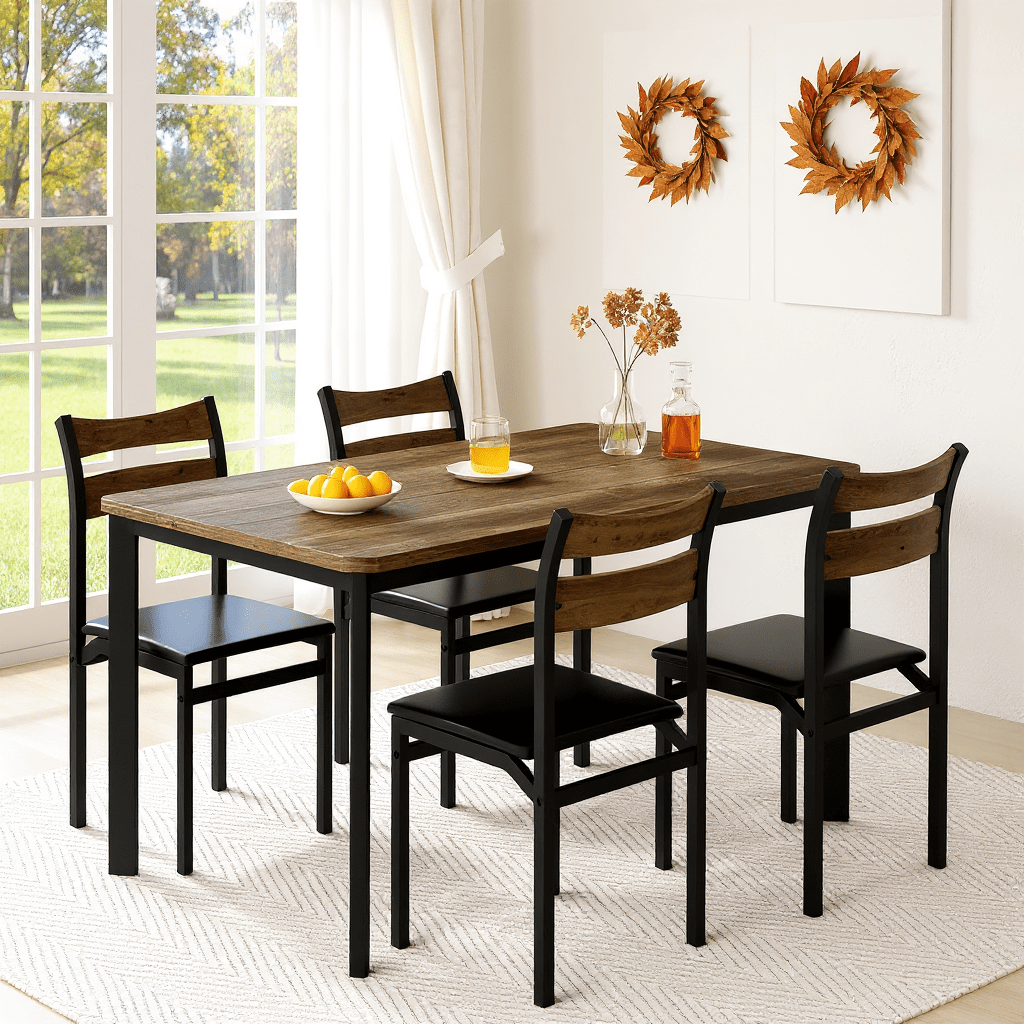 Cvortll Rectangle Wooden Dining Table Set for 4 with PU Leather Chairs ...