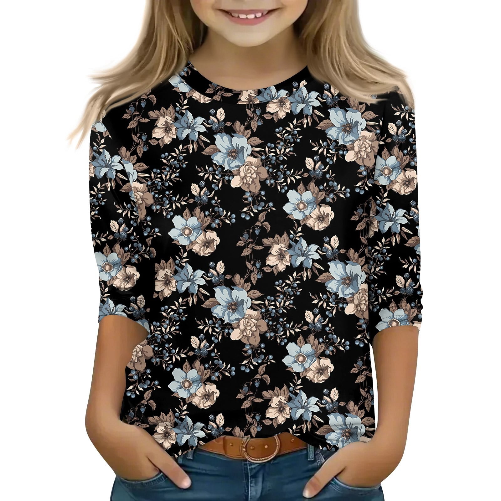 LTTVQM 3/4 Length Sleeve Shirts for Girls Fall Loose Fit Floral Print ...