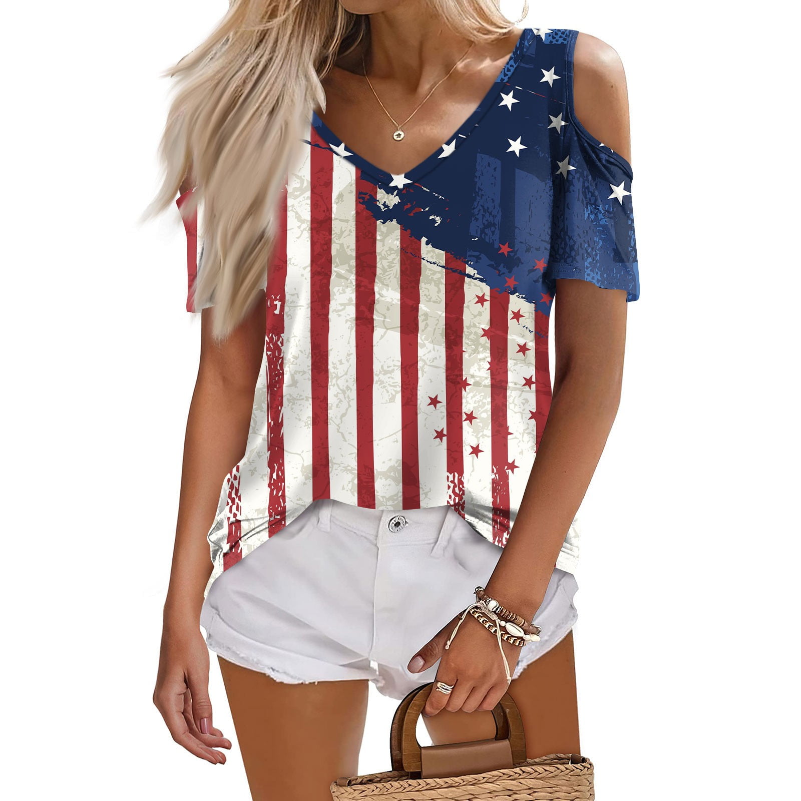 LTTVQM 4th of July Trendy Tops for Women 2024 Cold Shoulder Short Sleeve T Shirts American Star ...