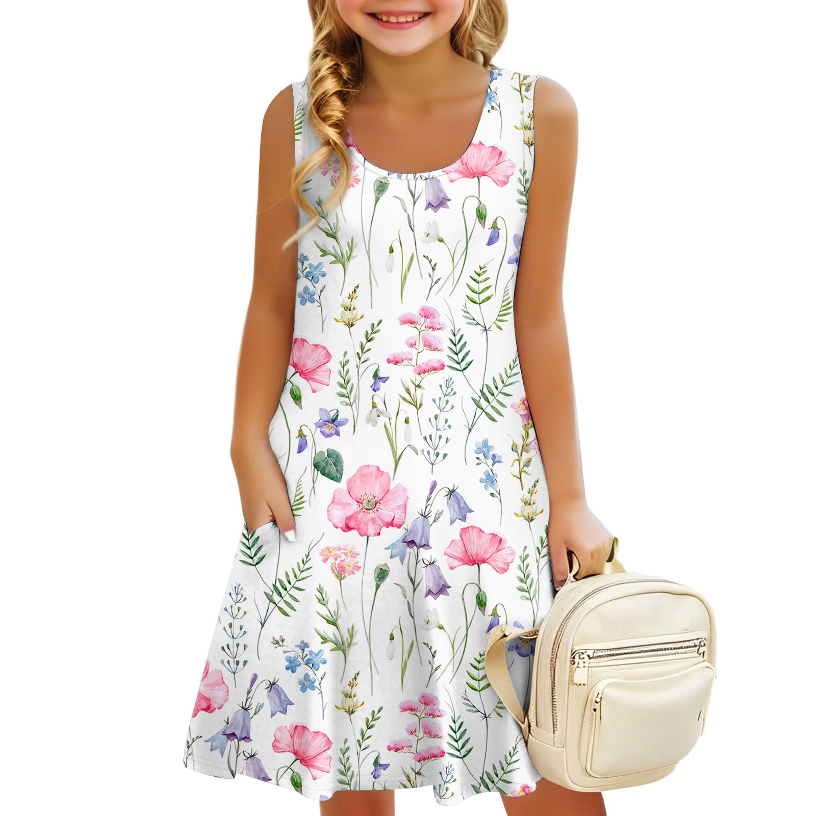 LTTVQM Girls Beach Sundress, Sleeveless Summer A-Line Dress with ...